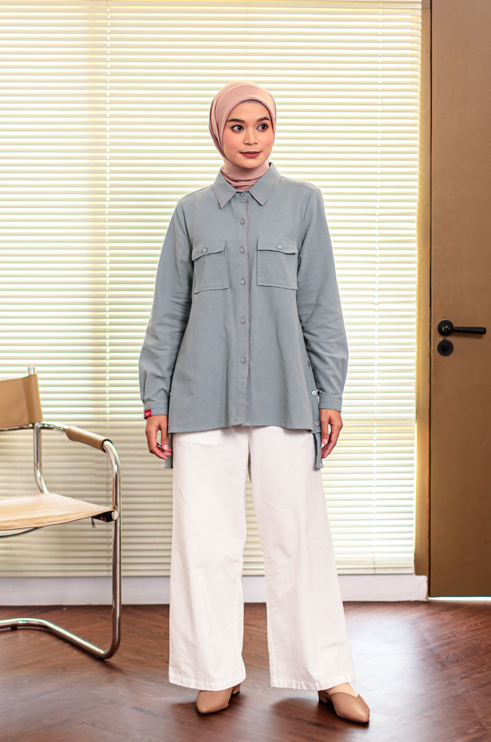 M Tunic Linen Contrast - Tunik Linen Dengan Detail Kontras dan Kancing ...