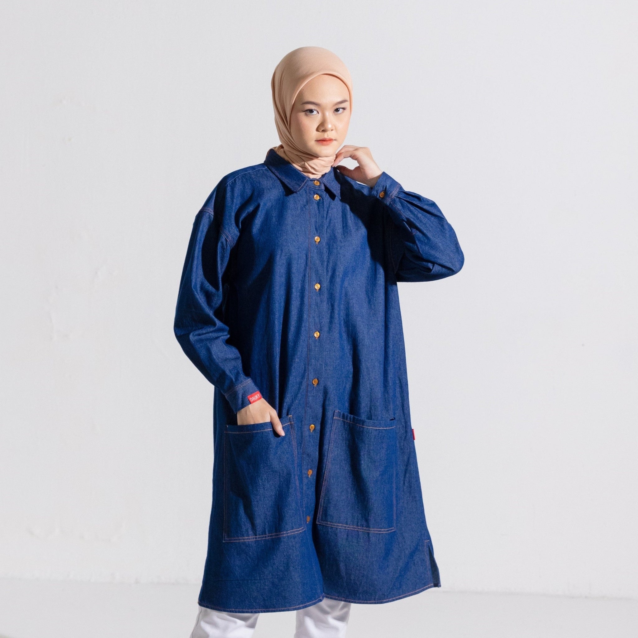L Tunic Denim | Tunik Katun Denim Oversize Wudhu Friendly | Dauky