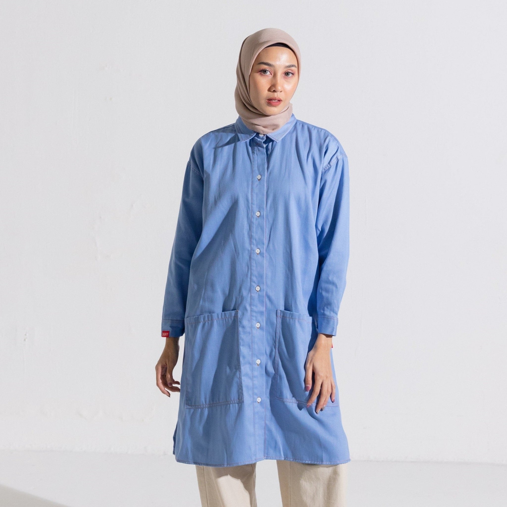 L Tunic Denim | Tunik Katun Denim Oversize Wudhu Friendly | Dauky